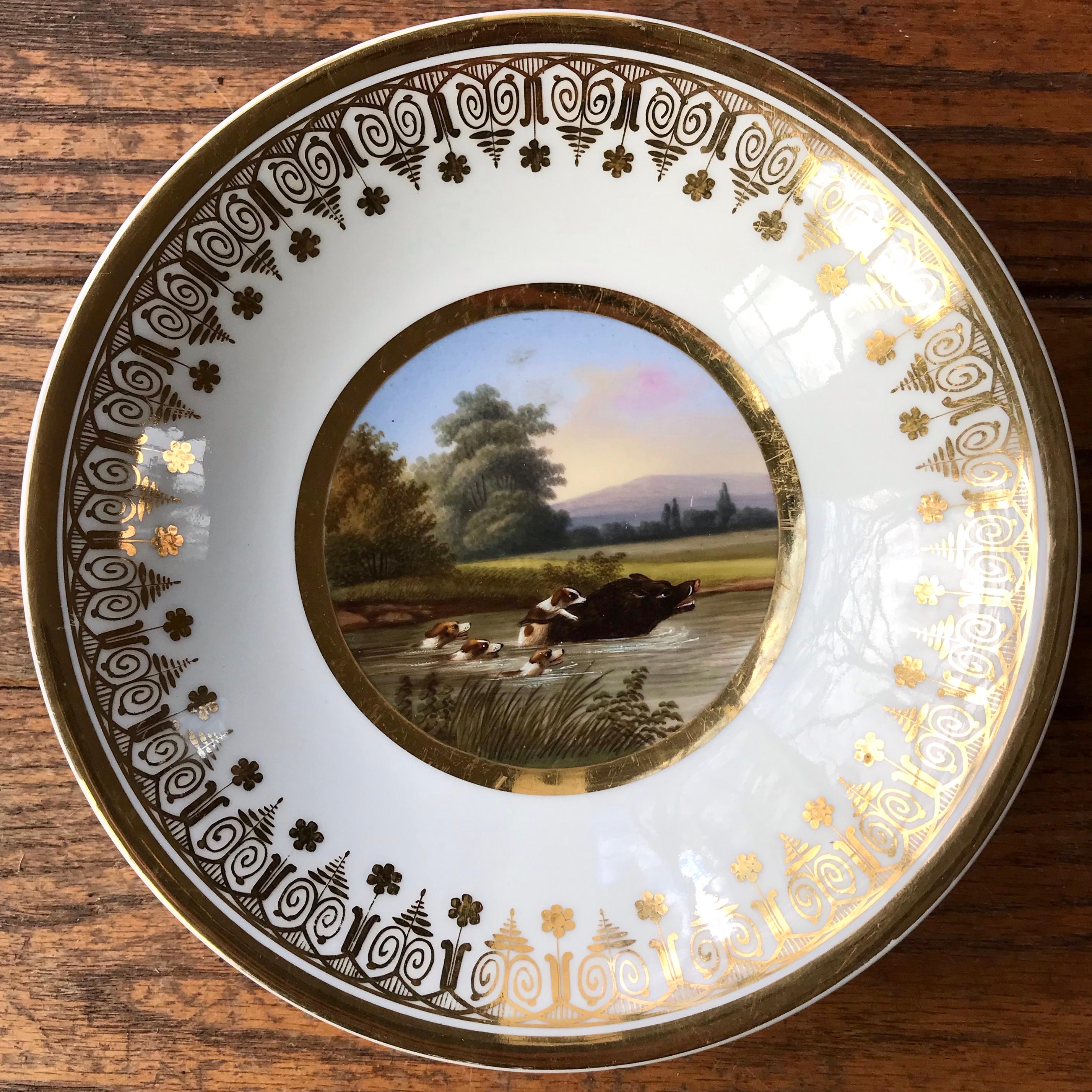 Set of Eight Empire Gilt Porcelain Hunting Plates For Sale at 1stDibs