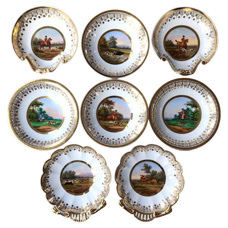 Set of Eight Empire Gilt Porcelain Hunting Plates For Sale at 1stDibs