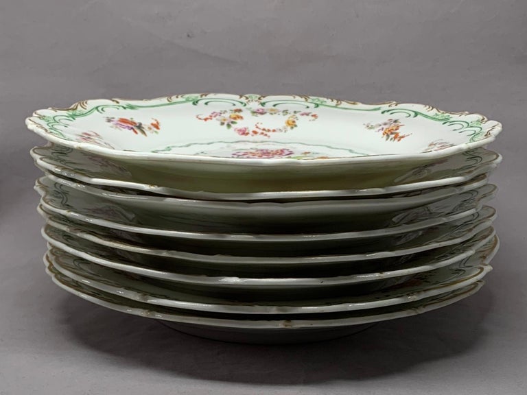 Set of Eight Green and Gilt Banded Floral Plates For Sale at 1stDibs