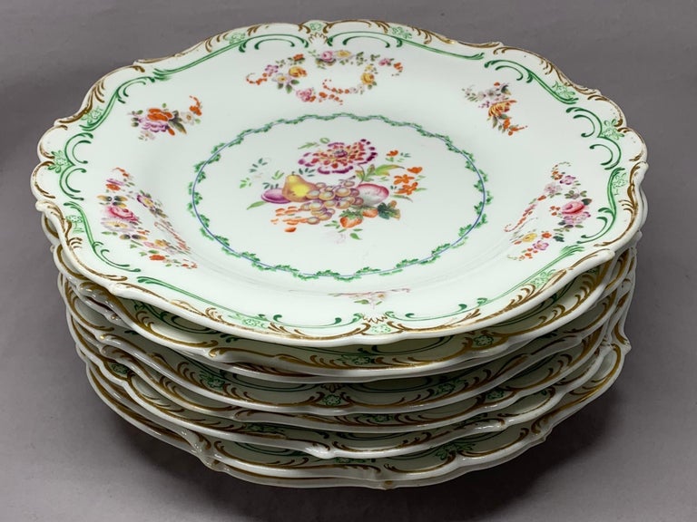 Set of Eight Green and Gilt Banded Floral Plates For Sale at 1stDibs