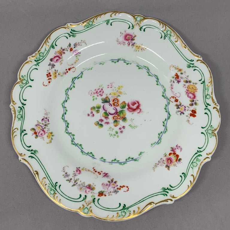 Set of Eight Green and Gilt Banded Floral Plates For Sale at 1stDibs