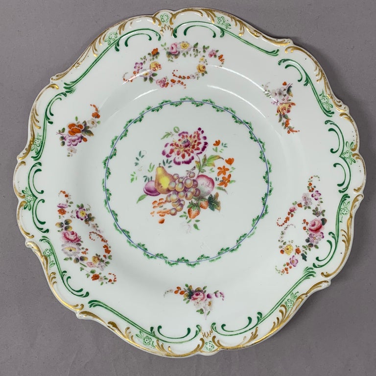 Set of Eight Green and Gilt Banded Floral Plates For Sale at 1stDibs