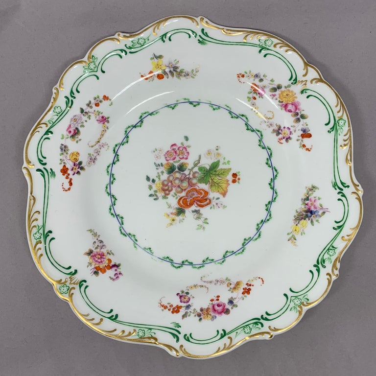 Set of Eight Green and Gilt Banded Floral Plates For Sale at 1stDibs