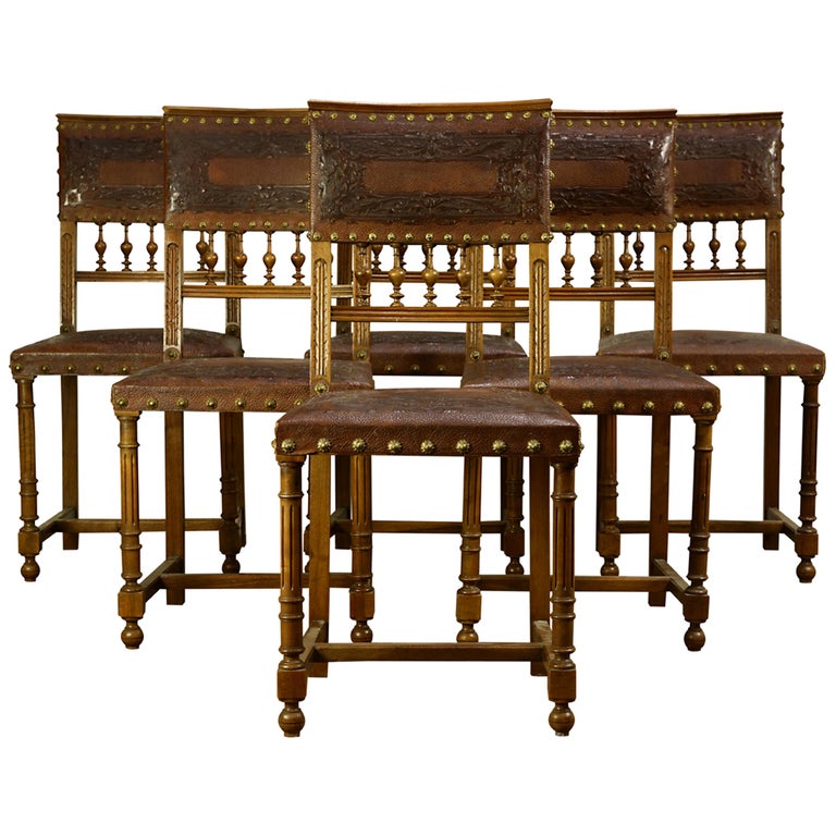 Set of Eight Henry II Style Embossed Leather Dining Chairs Outstanding ...