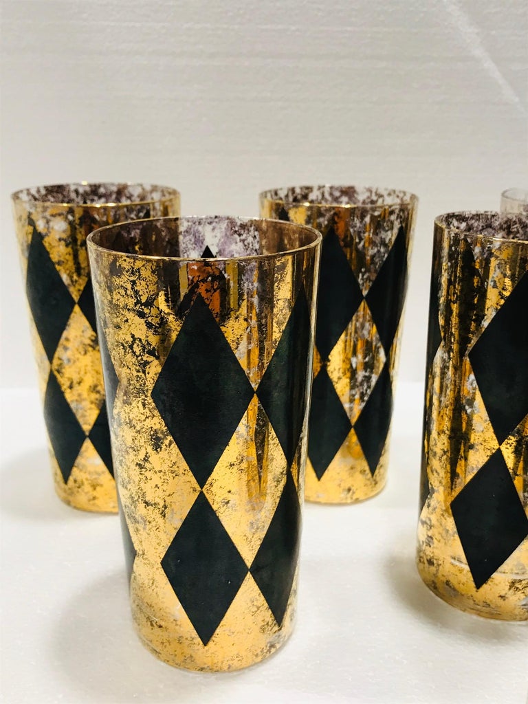 Set of Eight Hollywood Regency Barware Glasses in Gold and Black, 1960s ...