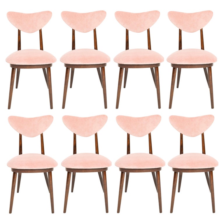 Set of Eight Mid-Century Pink Cotton-Velvet Heart Chairs, Europe, 1960s ...