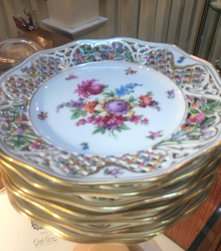 Set of Eight Porcelain Reticulated Luncheon Plates For Sale at 1stDibs