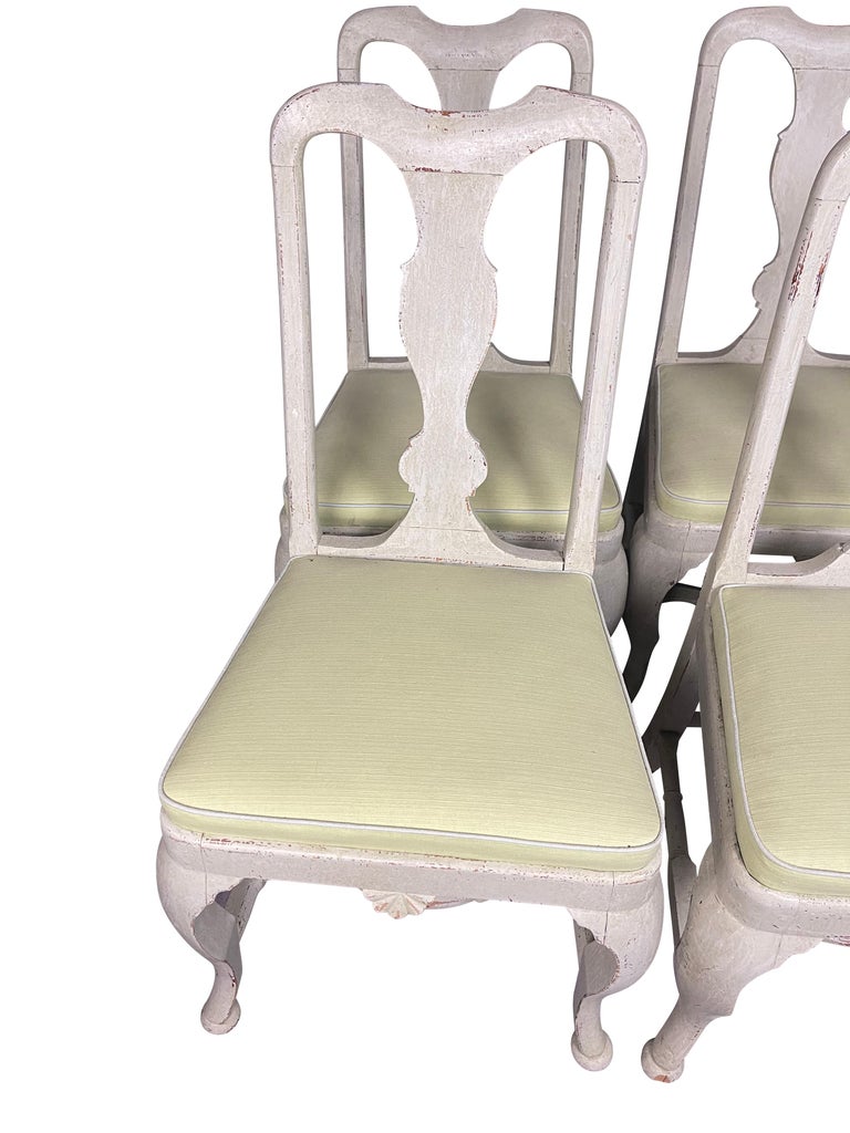 Set of Eight Queen Anne Style Pale Grey Lime Washed Dining Chairs For ...