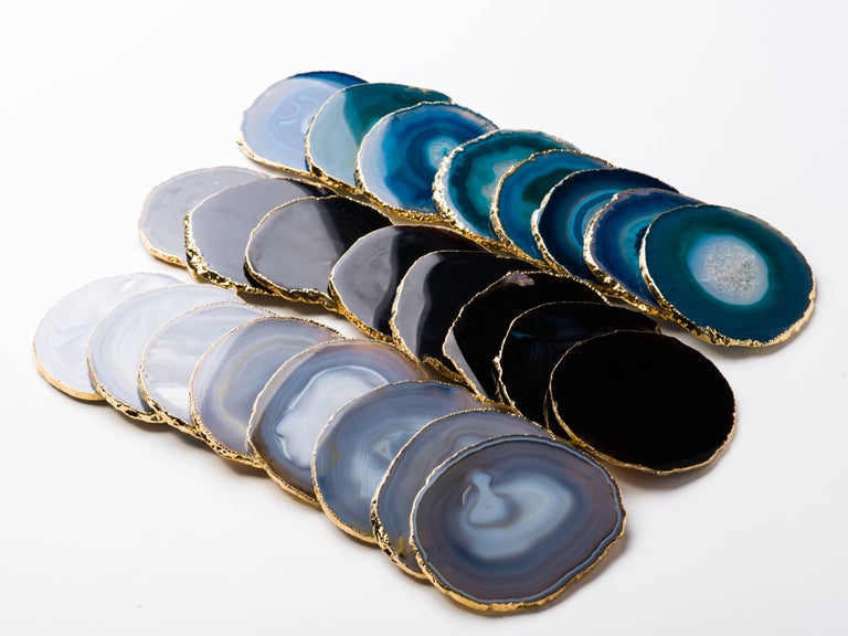 Set of Eight Semi-Precious Gemstone Coasters in Black Agate with 24 K ...