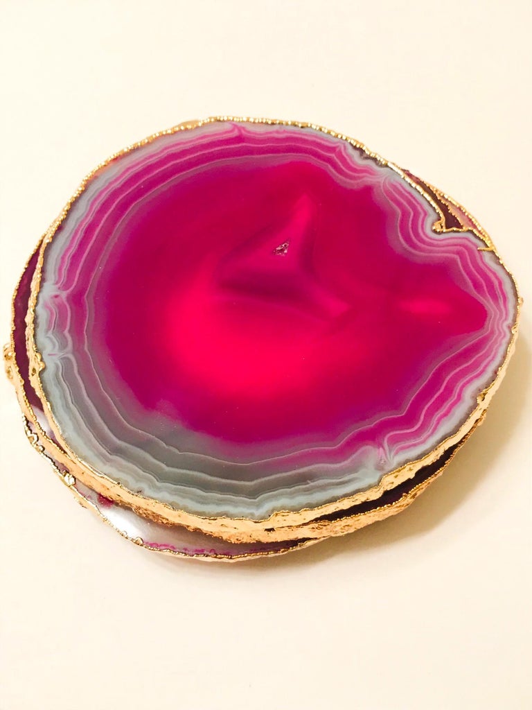 Set of Eight Semi-Precious Gemstone Coasters in Fuchsia with 24-Karat ...