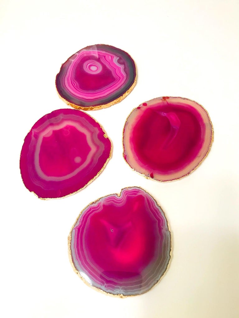Set of Eight Semi-Precious Gemstone Coasters in Fuchsia with 24-Karat ...