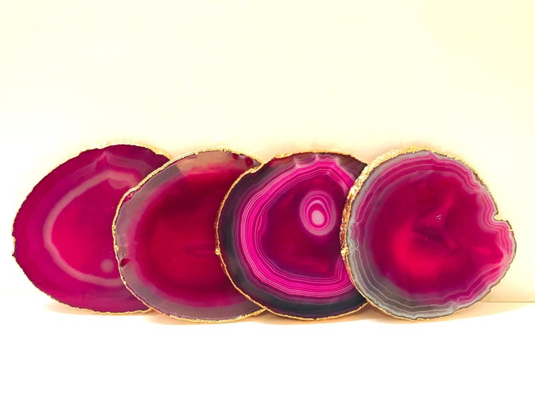 Set of Eight Semi-Precious Gemstone Coasters in Fuchsia with 24-Karat ...