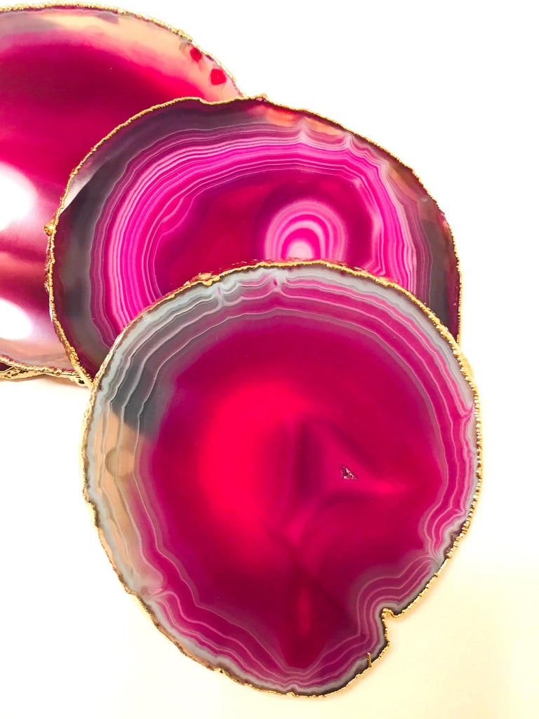 Set of Eight Semi-Precious Gemstone Coasters in Fuschia with 24-Karat ...