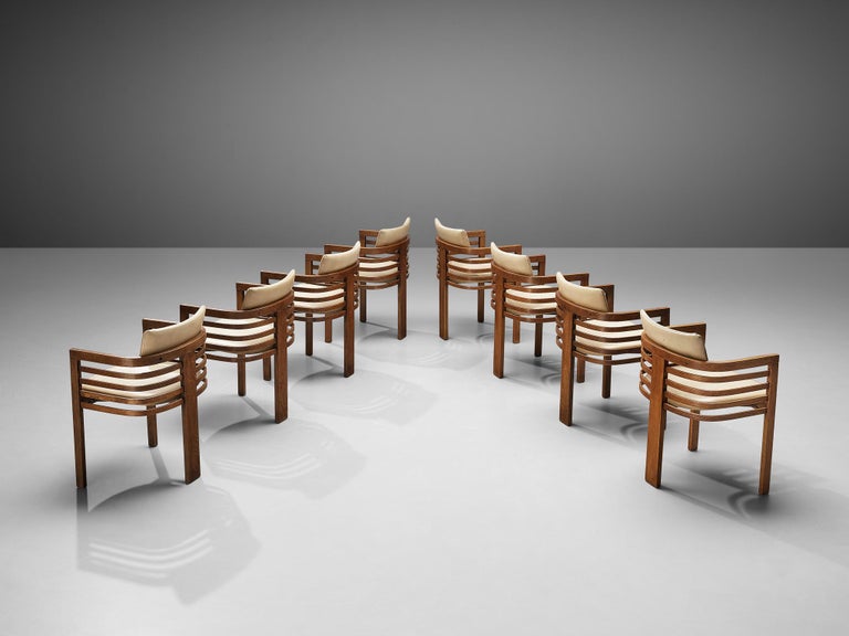 Set of Eight Three-Legged Dining Chairs in Off-White Leather at 1stDibs