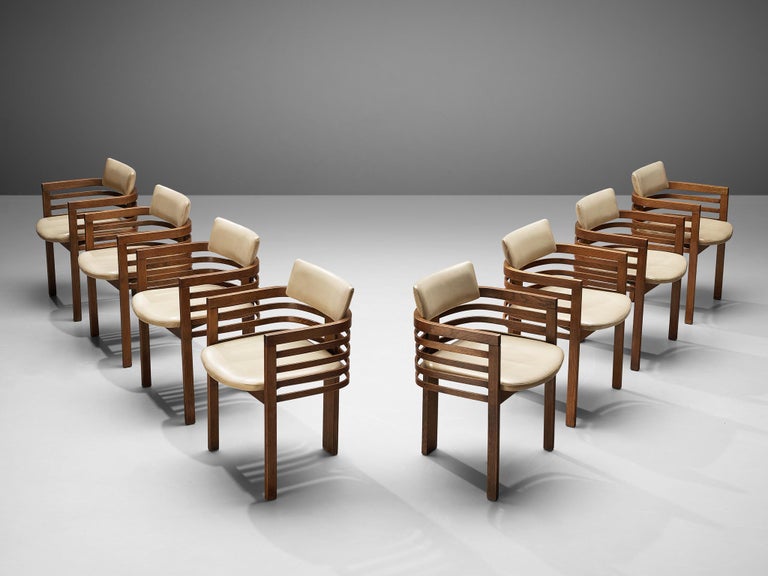Set of Eight Three-Legged Dining Chairs in Off-White Leather at 1stDibs