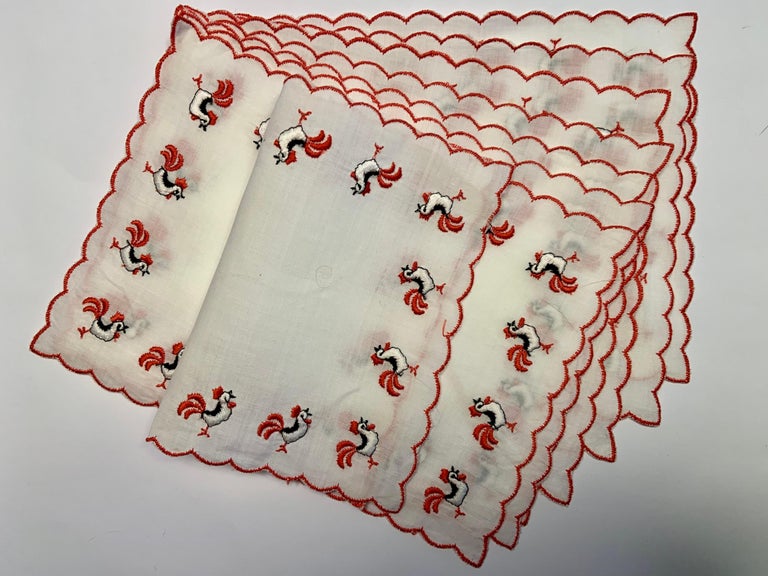 Set of Eight Vintage Cocktail Napkins with Embroidered Roosters at 1stDibs