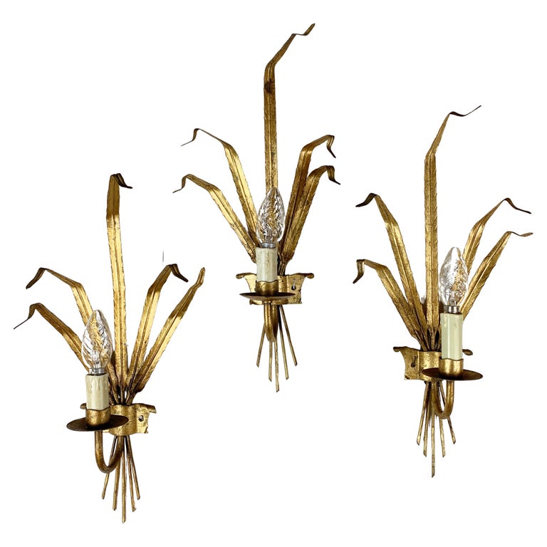 Set Of Ferro Art Gilt Leaf Wall Lights, 1970’s at 1stDibs