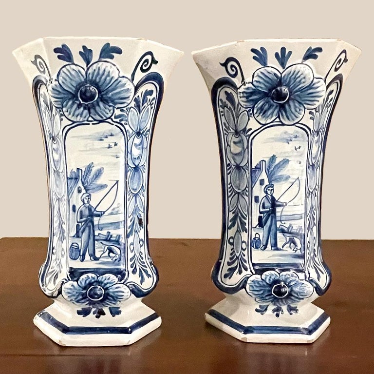 Set of Five 18th Century Hand Painted Delft Vases Including 3 Lidded ...
