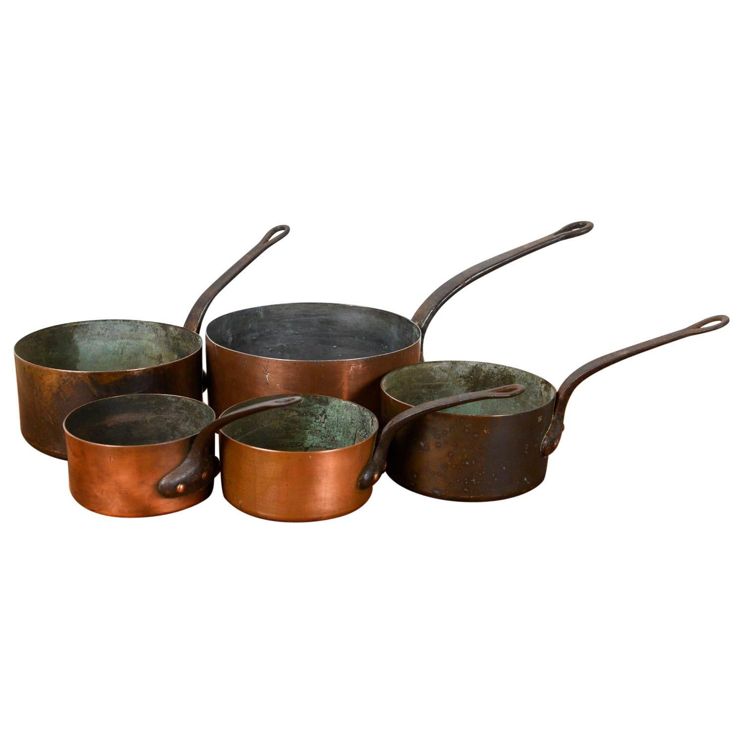 Set of Five Antique Copper Saucepans, 20th Century For Sale at 1stDibs