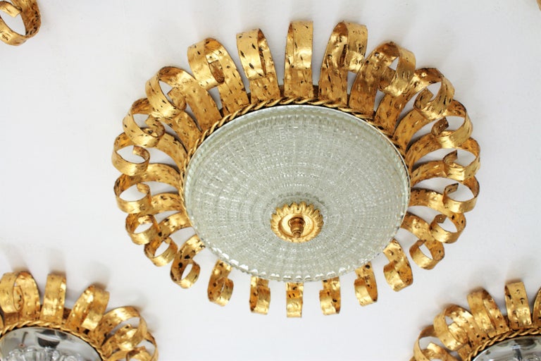 Sunburst Crown Ceiling Light Fixtures, Gilt Iron and Glass, Set of Five ...