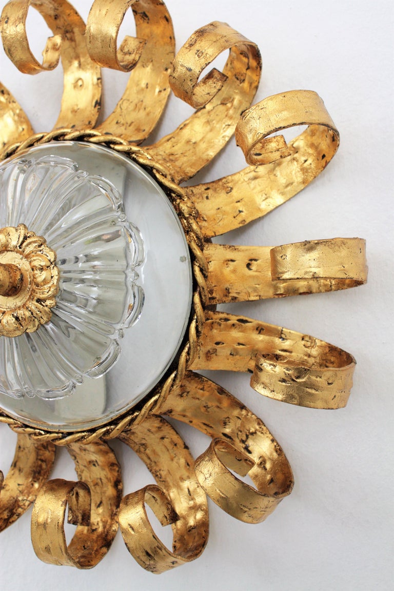 Sunburst Crown Ceiling Light Fixtures, Gilt Iron and Glass, Set of Five ...