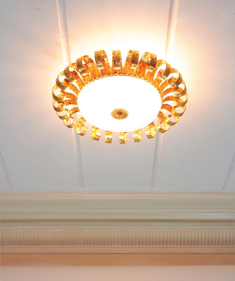 Sunburst Crown Ceiling Light Fixtures, Gilt Iron and Glass, Set of Five ...