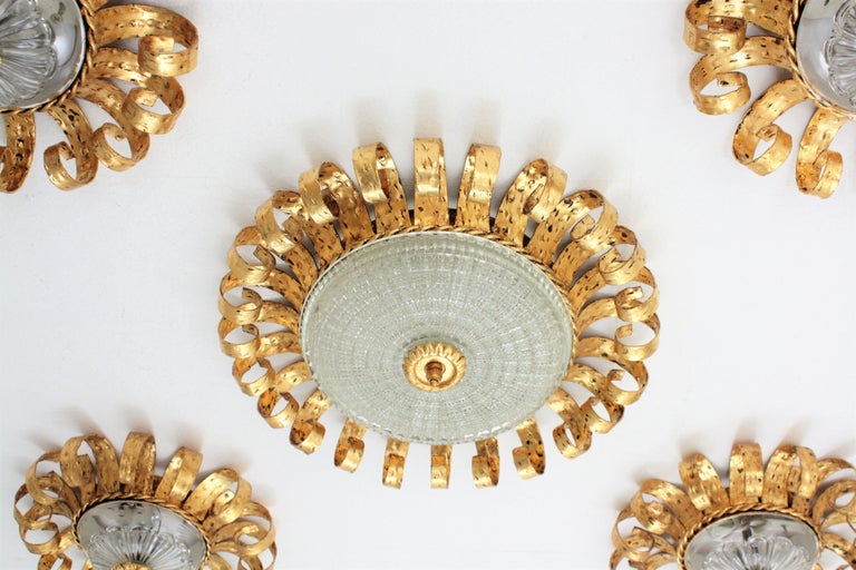 Sunburst Crown Ceiling Light Fixtures, Gilt Iron and Glass, Set of Five ...