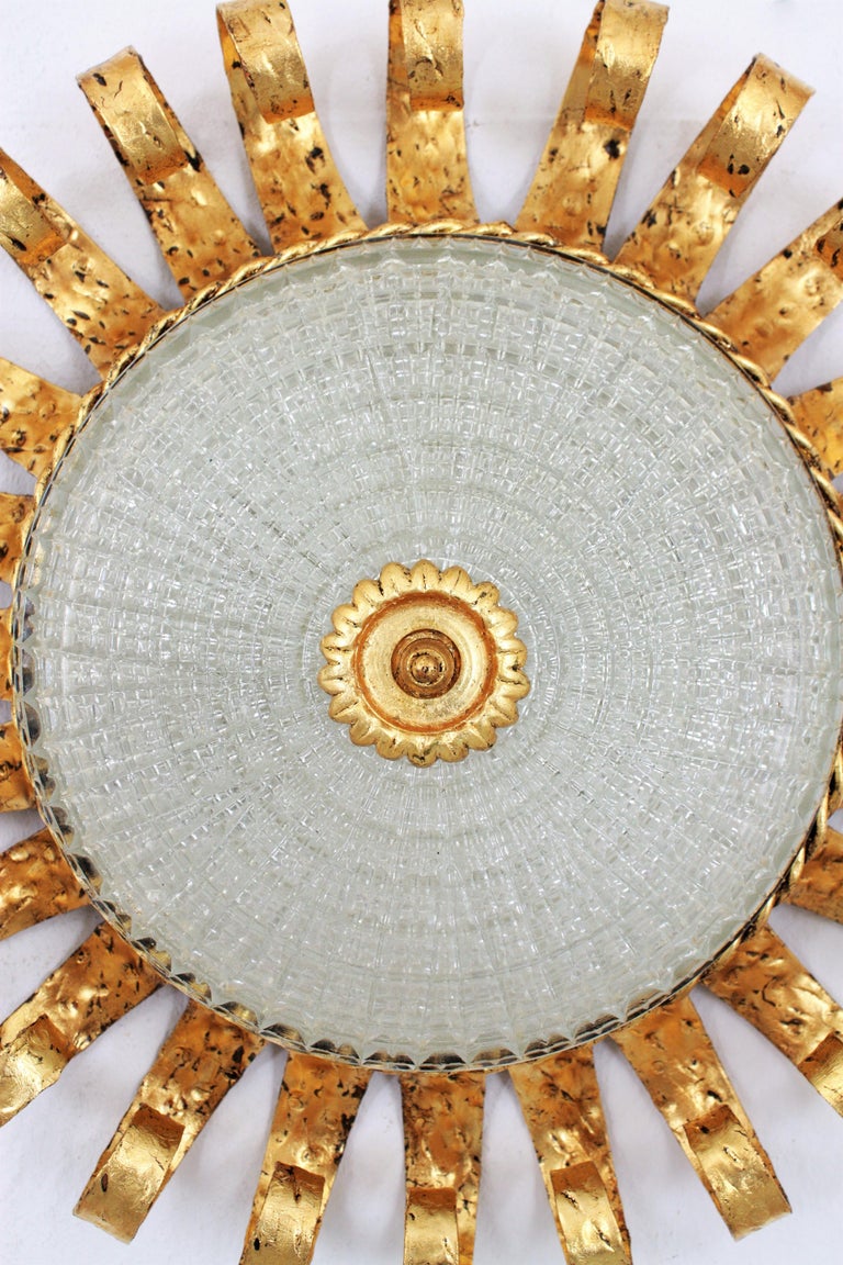 Sunburst Crown Ceiling Light Fixtures, Gilt Iron and Glass, Set of Five ...