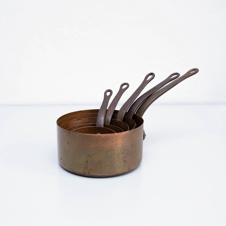 Set of Five Hand Painted Rustic Brass Pots, circa 1960 For Sale at 1stDibs