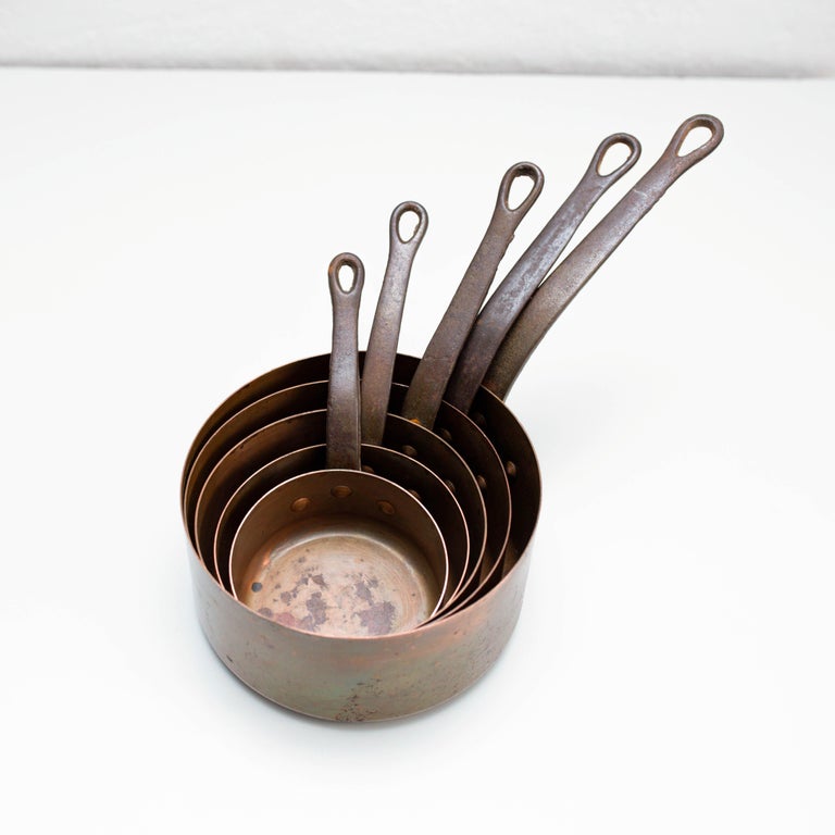 Set of Five Hand Painted Rustic Brass Pots, circa 1960 For Sale at 1stDibs