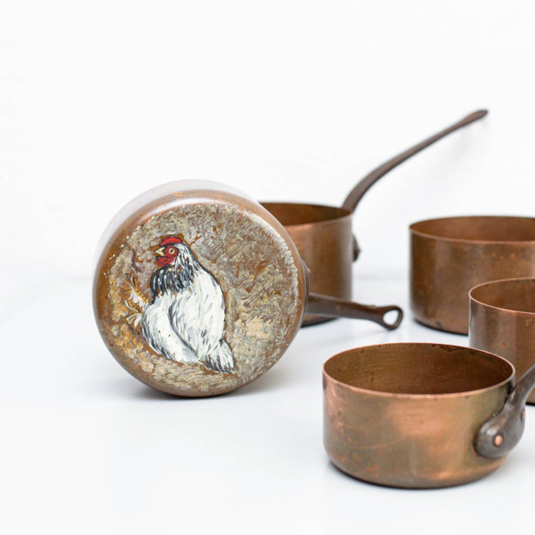 Set of Five Hand Painted Rustic Brass Pots, circa 1960 For Sale at 1stDibs