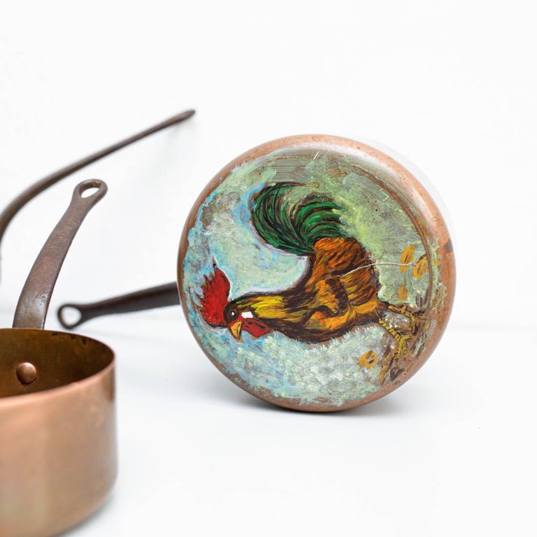 Set of Five Hand Painted Rustic Brass Pots, circa 1960 For Sale at 1stDibs