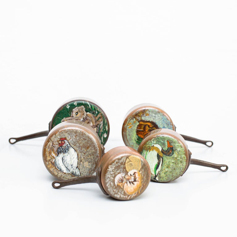 Set of Five Hand Painted Rustic Brass Pots, circa 1960 For Sale at 1stDibs