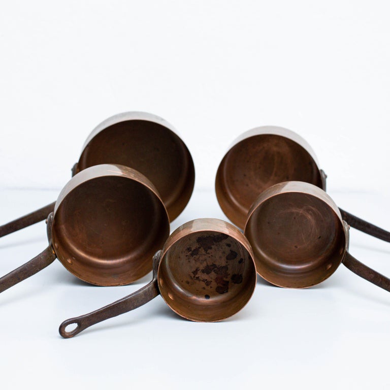 Set of Five Hand Painted Rustic Brass Pots, circa 1960 For Sale at 1stDibs