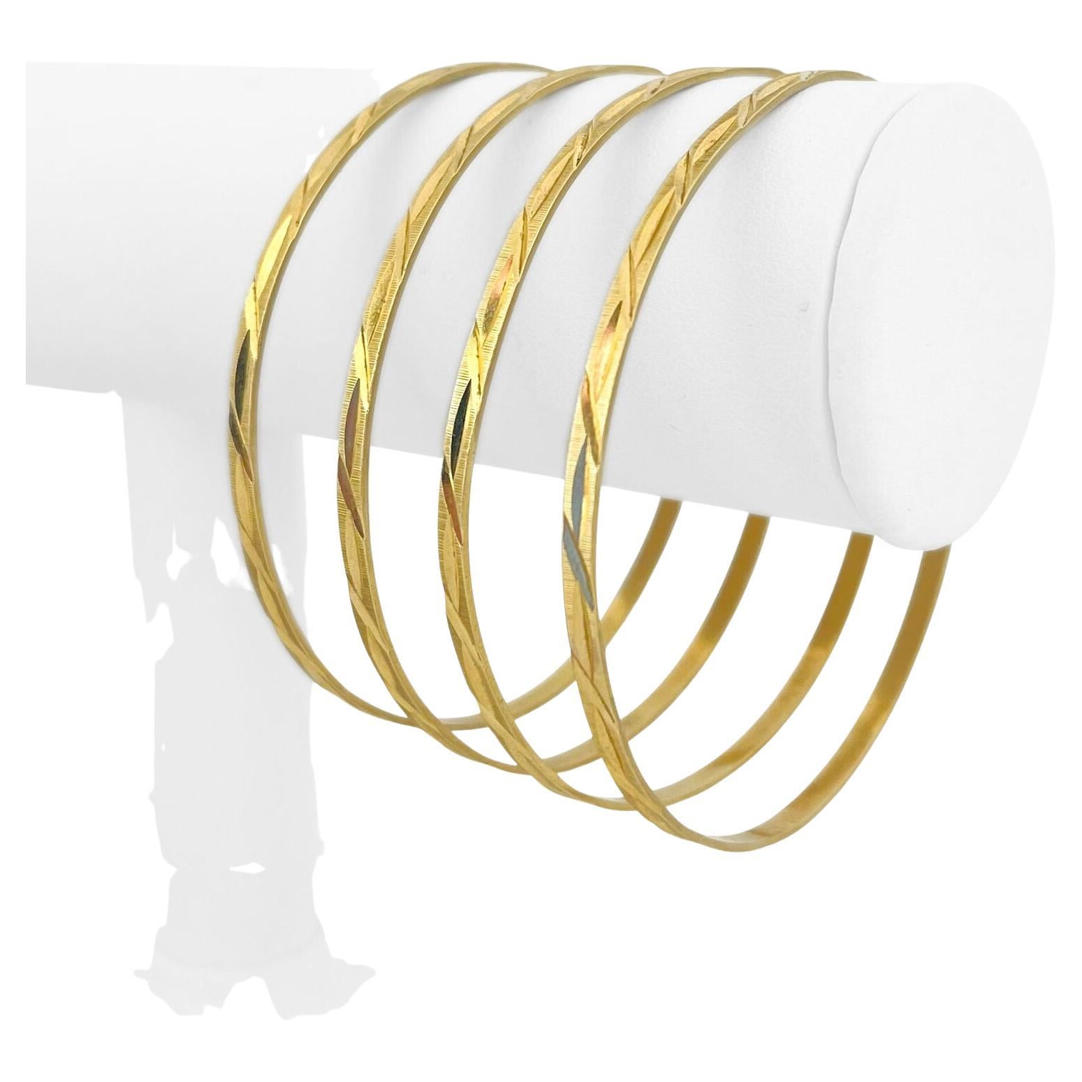 Set of Four 18 Karat Yellow Gold Solid Diamond Cut Bangle Bracelets For ...