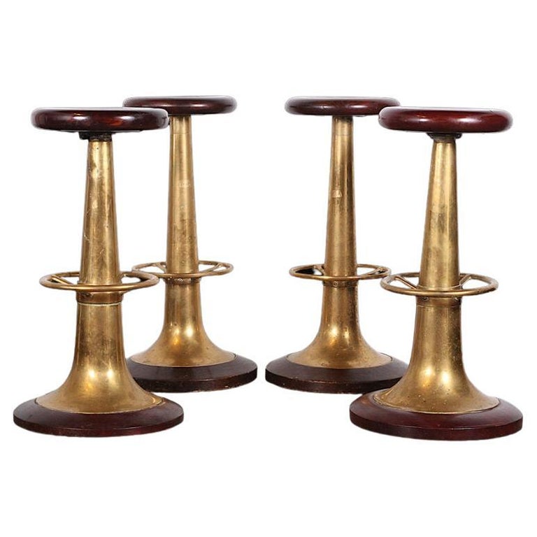 Set of Four 1920s, 30s Brass and Mahogany Bar Stools at 1stDibs