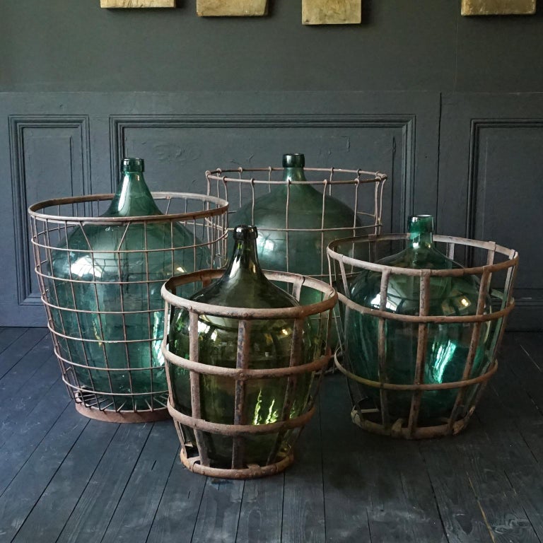 Set of Four 1920s French Green Demijohns, Lady Jeanne or Carboys in ...