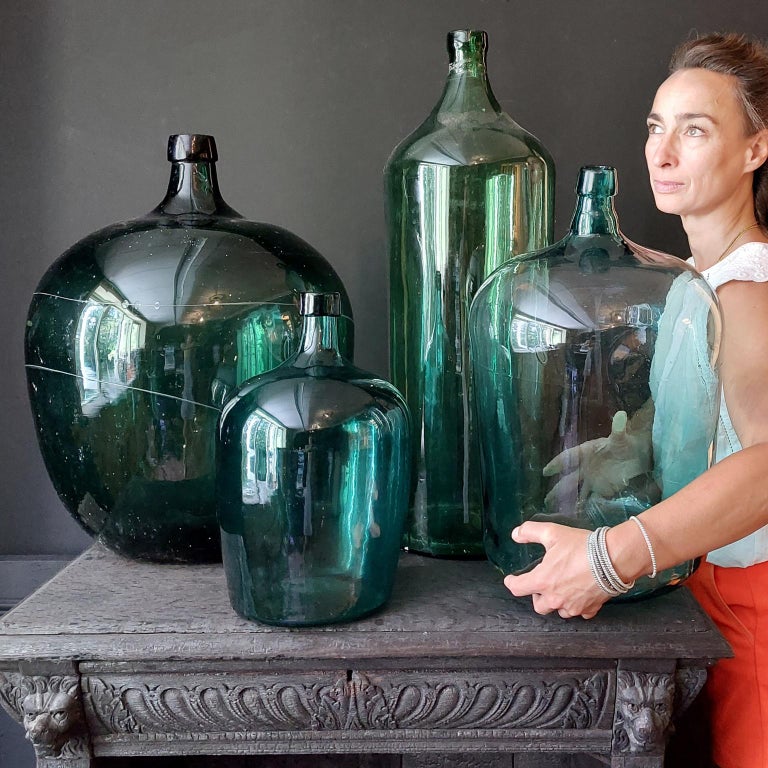 set of 19th Century French Blue Green Glass Demijohns For Sale at 1stDibs