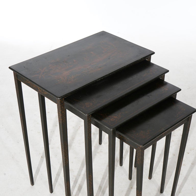 Set of Four Antique Ebonized and Chinoiserie Decorated Stacking Side ...