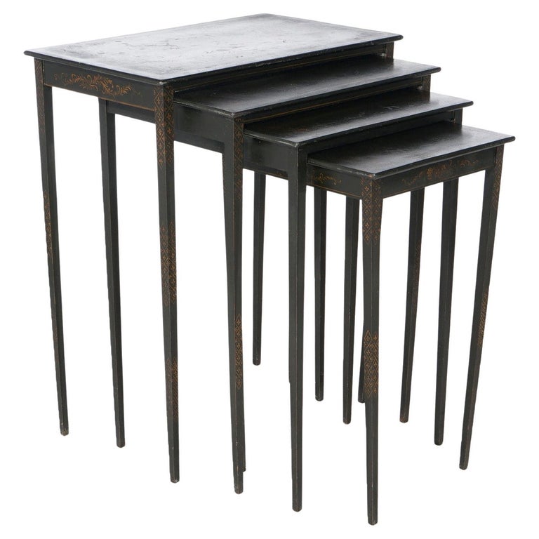 Set of Four Antique Ebonized and Chinoiserie Decorated Stacking Side ...