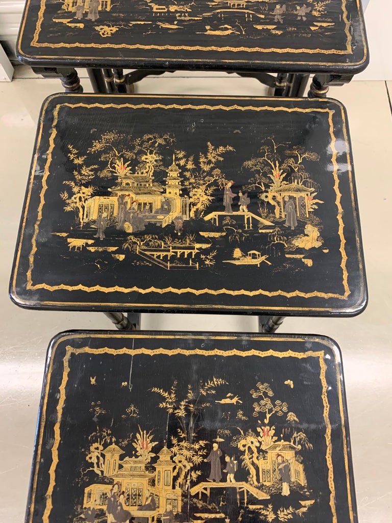 Set of Four Black Lacquered Japanned Chinoiserie Nesting Tables at ...