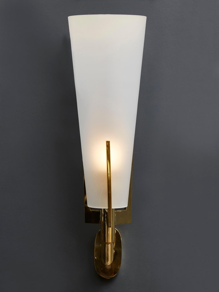 Set of Four Brass Wall Sconces with Tall Frosted Glass Cones For Sale ...