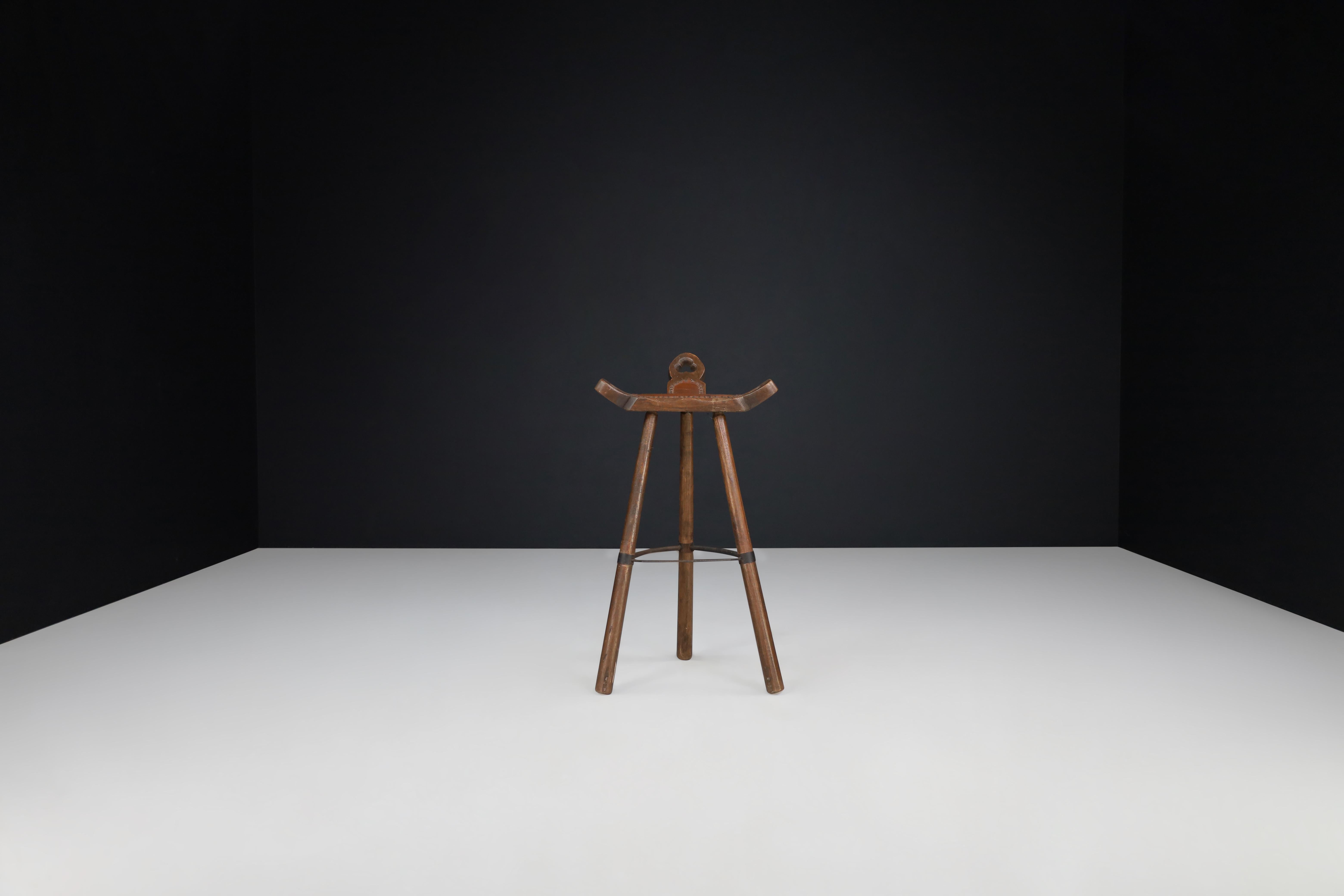 Set of Four Brutalist Stained Beech and Leather Bar Stools, Spain ...