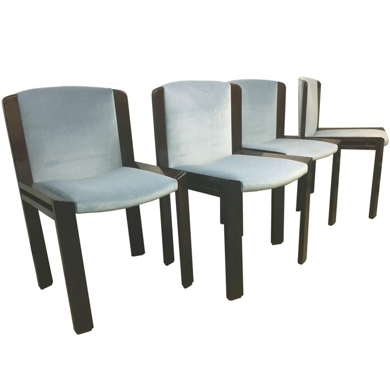 Joe Colombo for Pozzi Black wood and Blue velvet Dining Chairs at 1stDibs