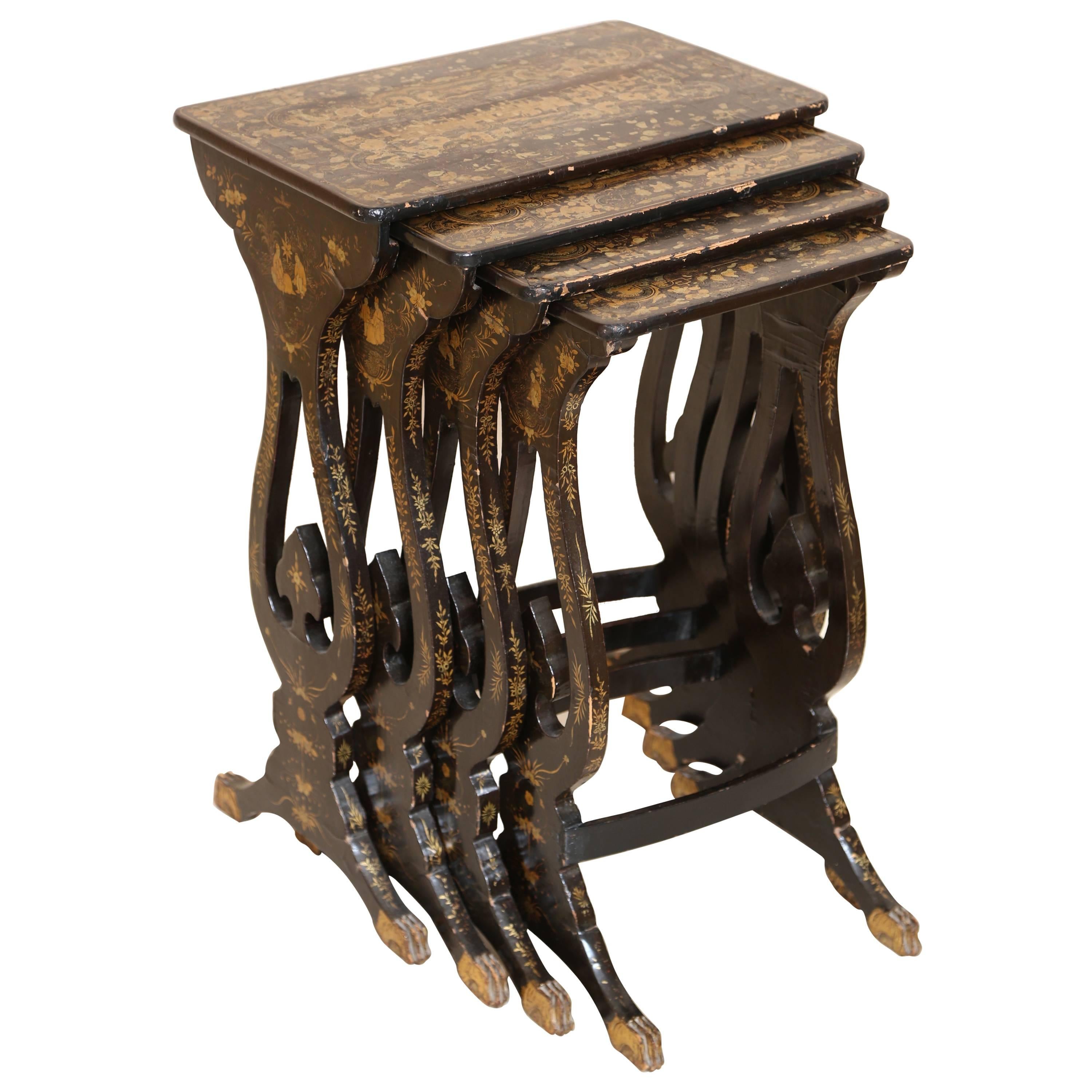 Set of Four Chinese Export Brown Lacquer and Gilt Quartetto Tables For ...