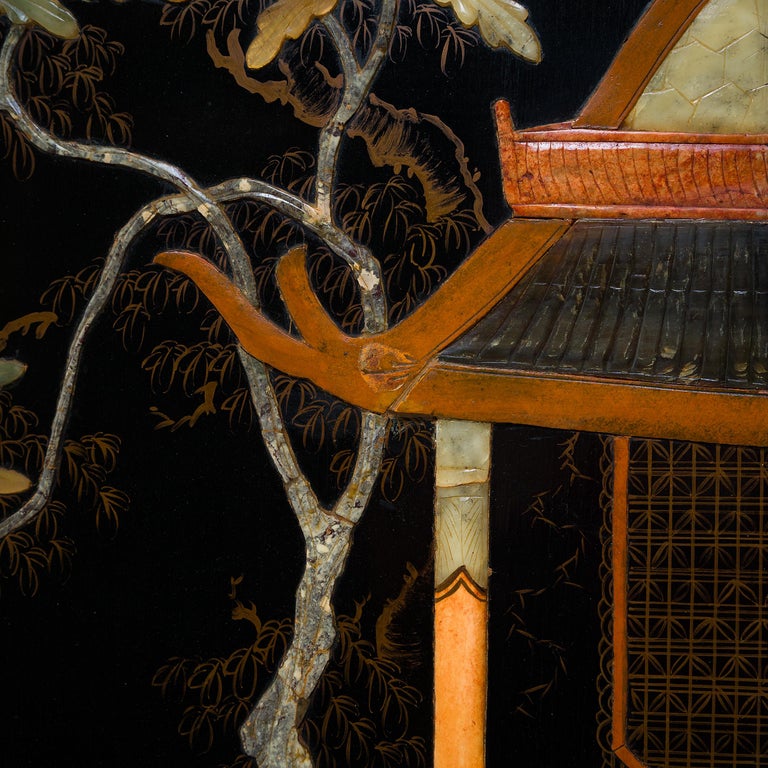 Set of Four Chinese Lacquered Panels with Palace Pavilion Inlay at 1stDibs