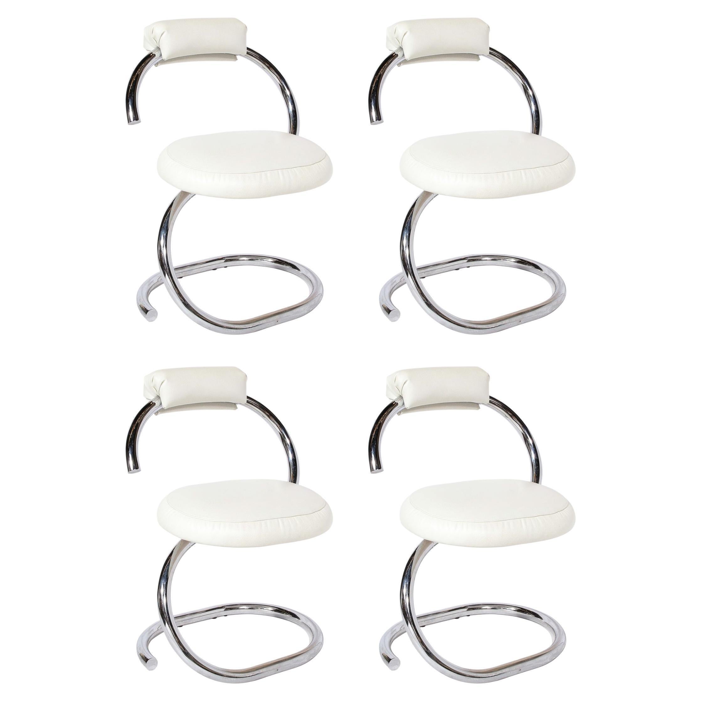 Set of Four Cobra Chairs in Curved Chrome and White Leather by Giotto ...