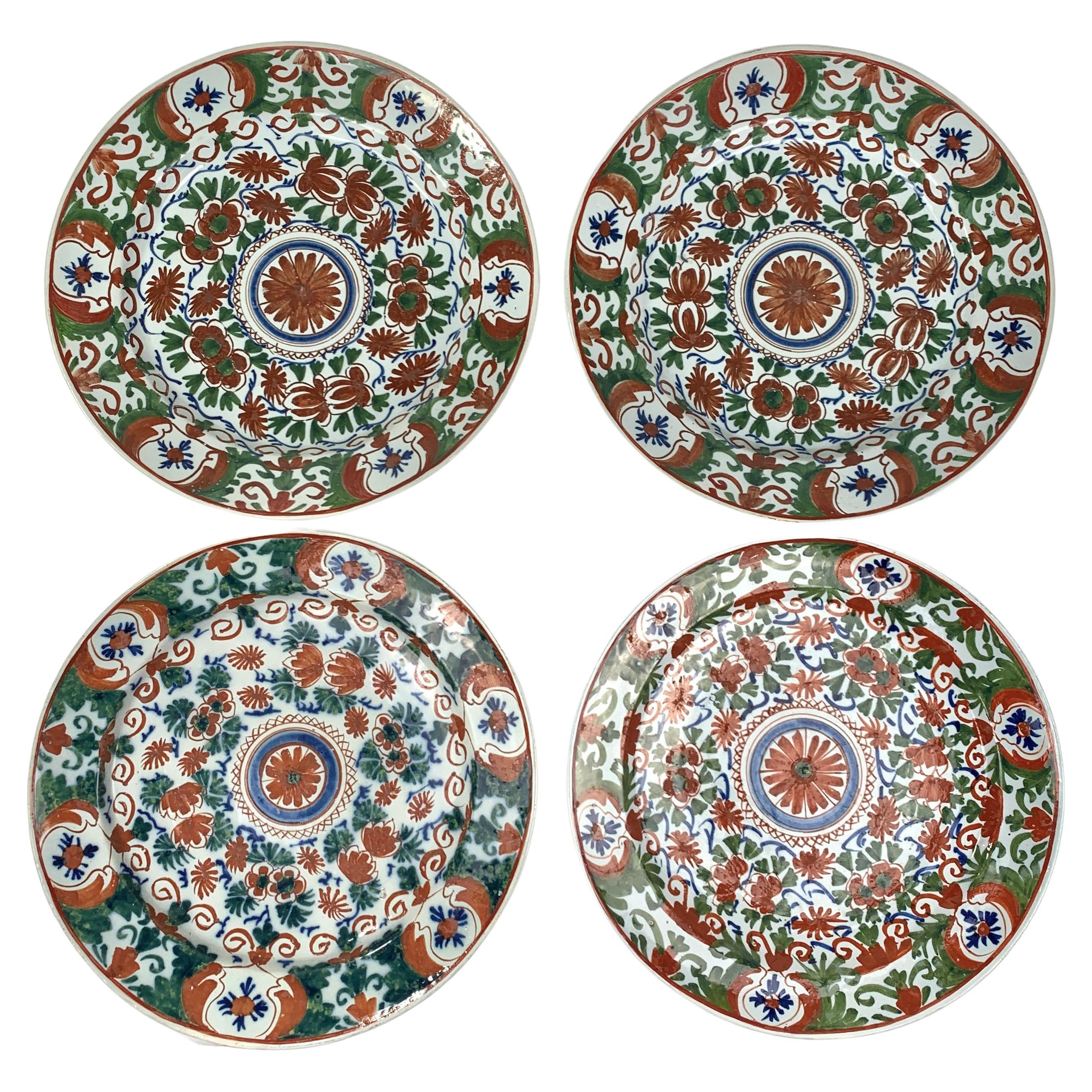Set of Four Delft Chargers Hand Painted 18th Century Red Green Blue For ...