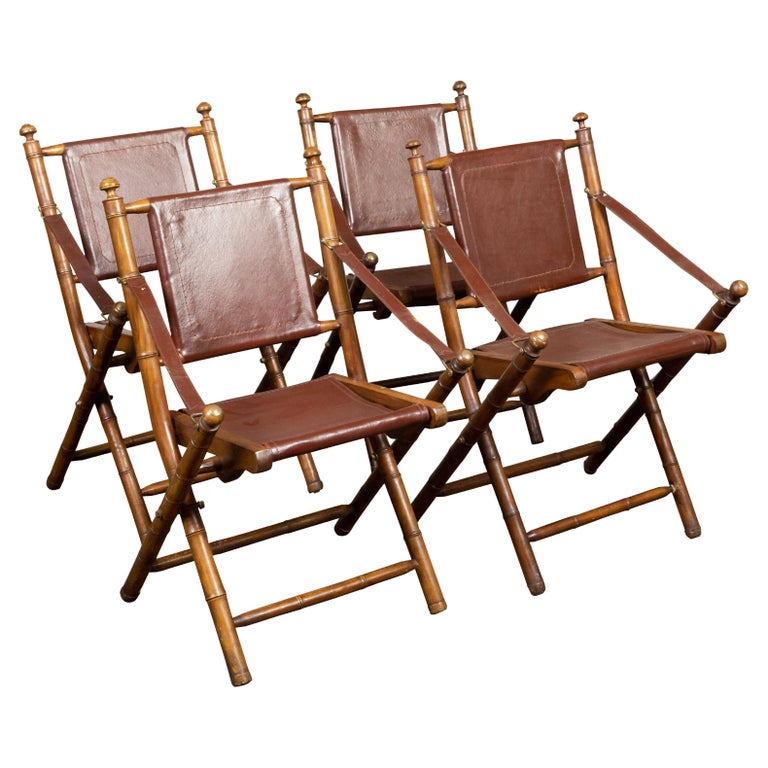 Set of Four English Campaign Faux Bamboo Folding Side Chairs with ...