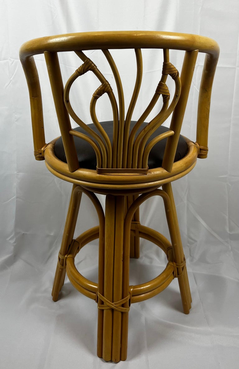 Set of Four Ficks Reed Style Swivel Rattan Bar Stools For Sale at 1stDibs